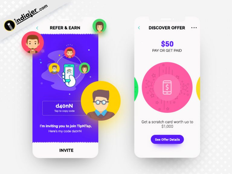 Refer Earn and Offer Screen UI mobile App Designs - Indiater