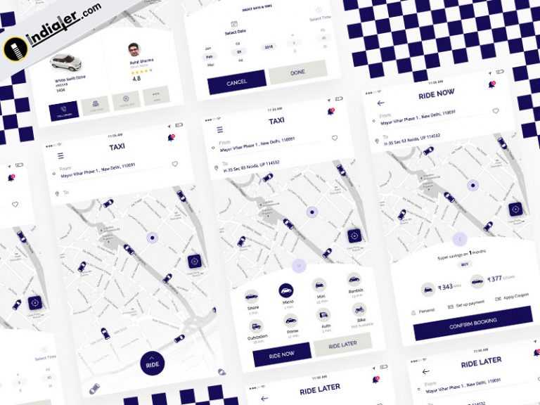 Taxi App UI kit free download PSD Template - Indiater